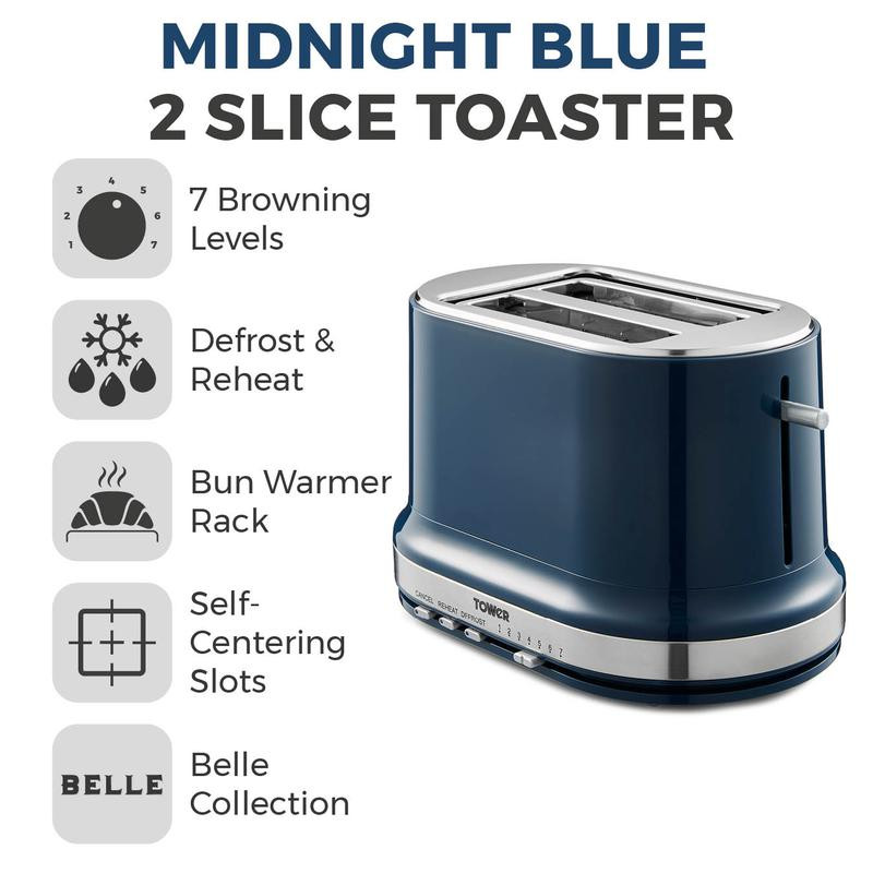 Tower Belle 2 Slice Toaster Midnight Blue - Cut Price Kitchens