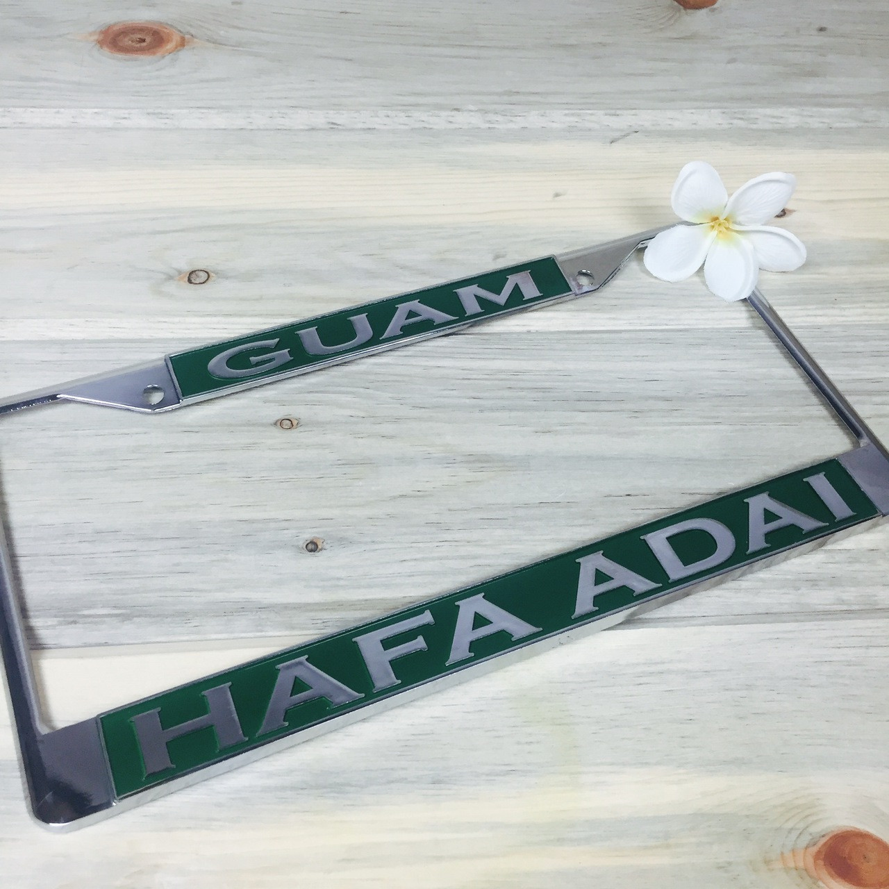 Jungle Green Hafa Adai Guam Chrome License Plate Frame