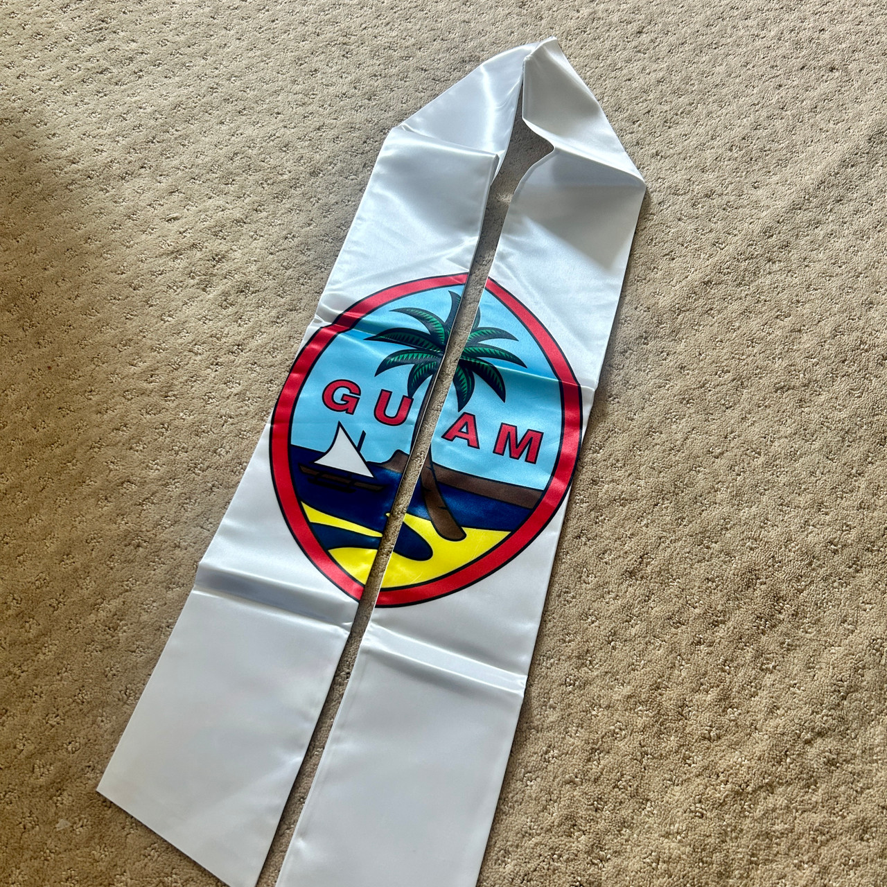 Adult White Guam Seal Graduation Sash with Big Coconut Weave