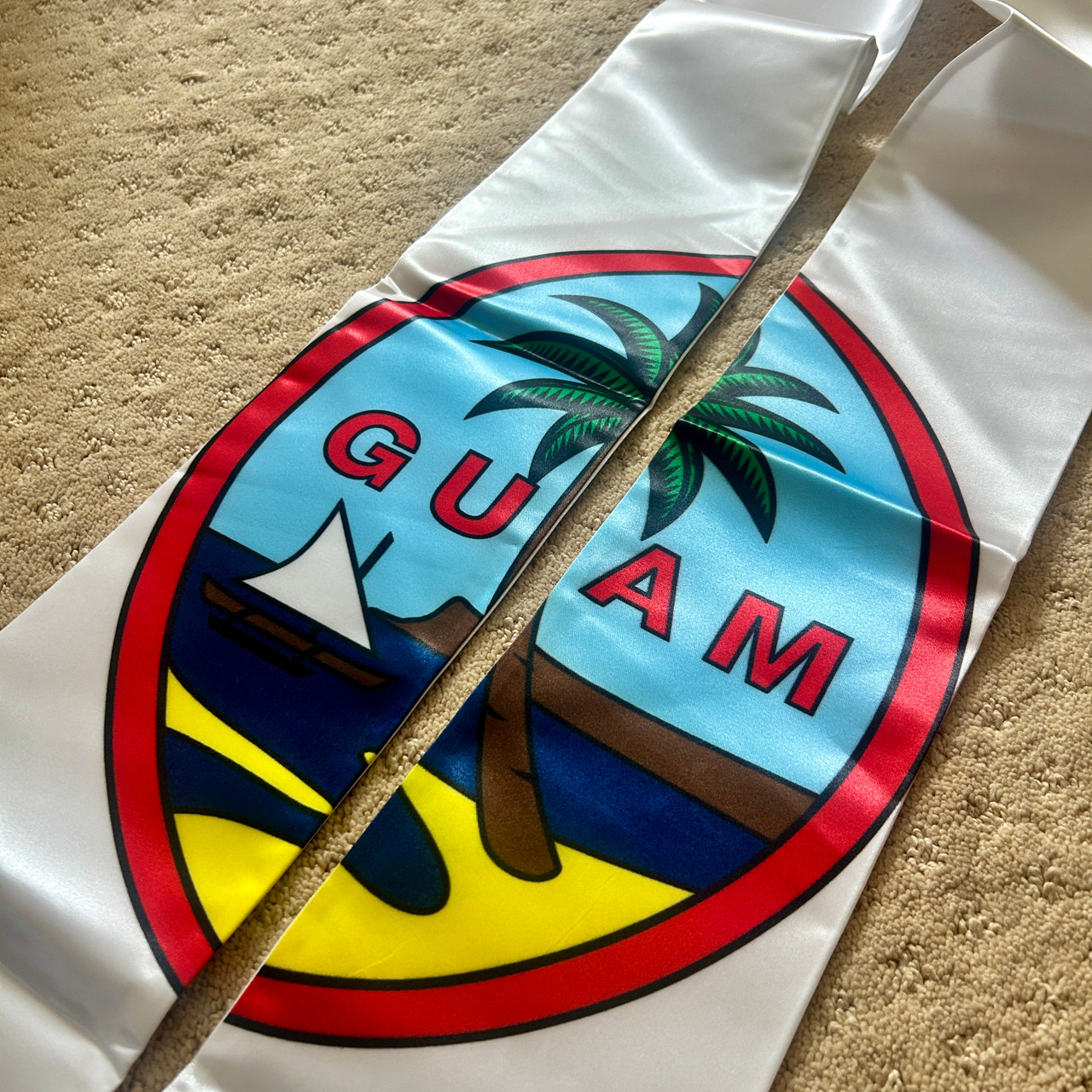 Adult White Guam Seal Graduation Sash with Big Coconut Weave