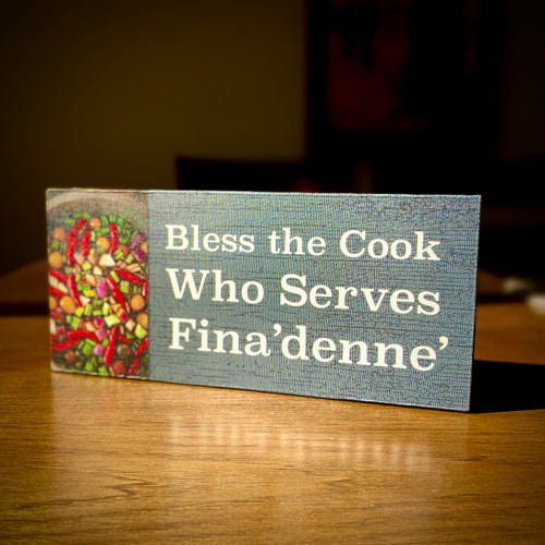 Framed Bless the Cook Who Serves Fina'denne' Canvas Print