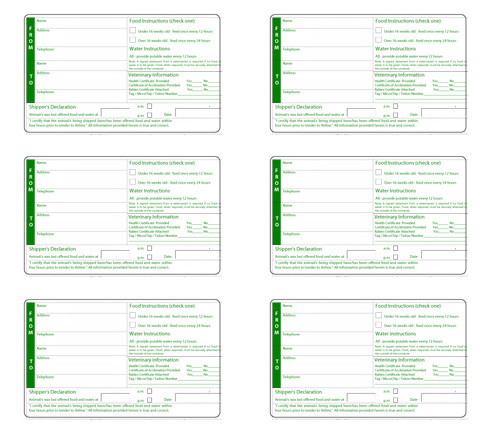 IATA Green Live Animal Species transport sticker label set