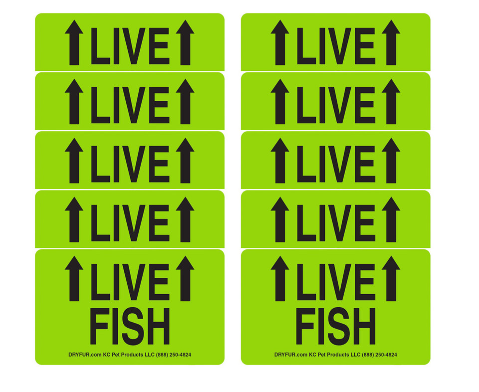 Green Live Fish Shipping label stickers with arrows