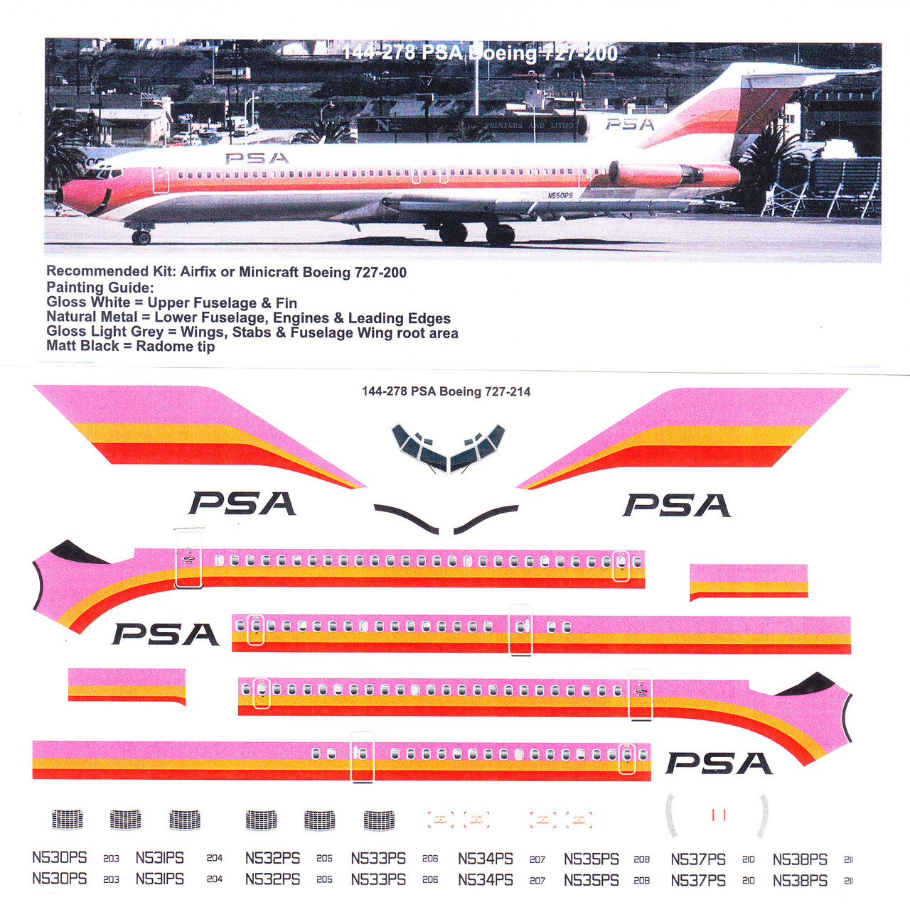 1/144 Scale Decal PSA Boeing 727-200