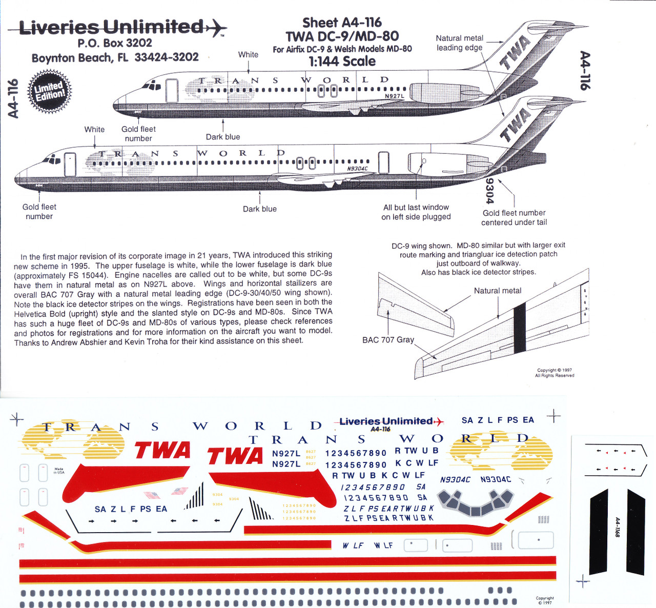 1/144 Scale Decal TWA DC-9 / MD-80 Last Livery