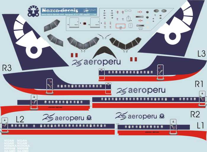 1/144 Scale Decal Aero Peru 757-200 AeroMexico Livery