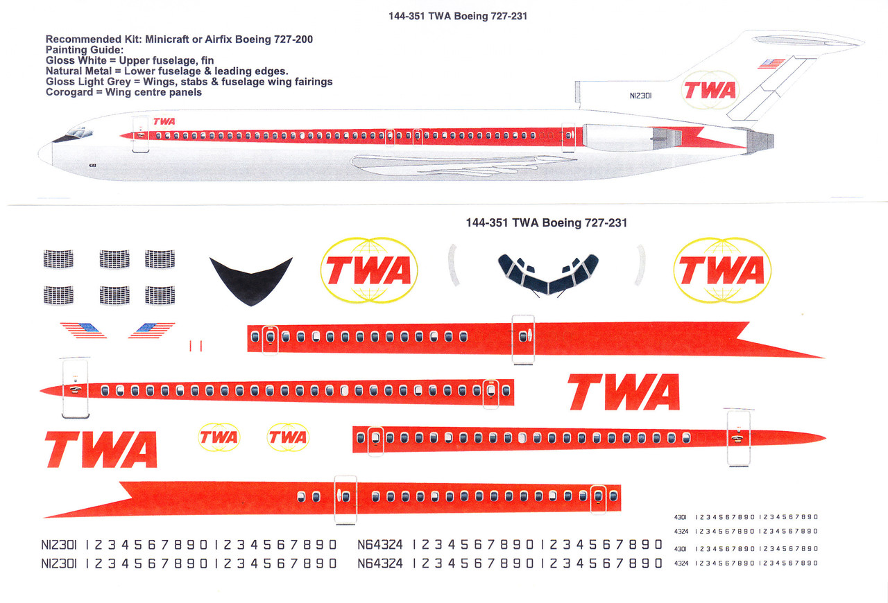 1/144 Scale Decal TWA Trans World Airlines 727-231