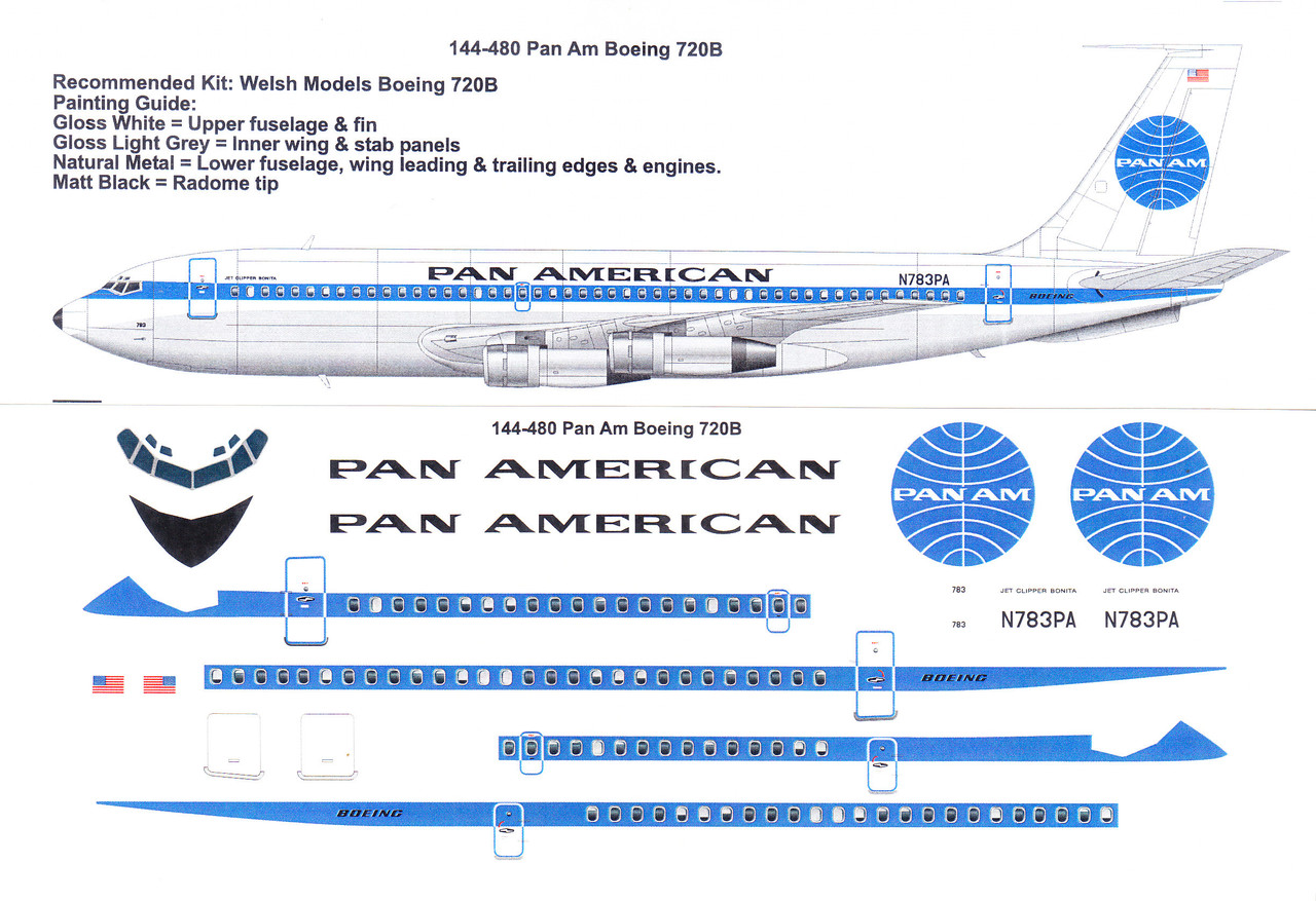 1/144 Scale Decal Pan Am B-720 laser decal