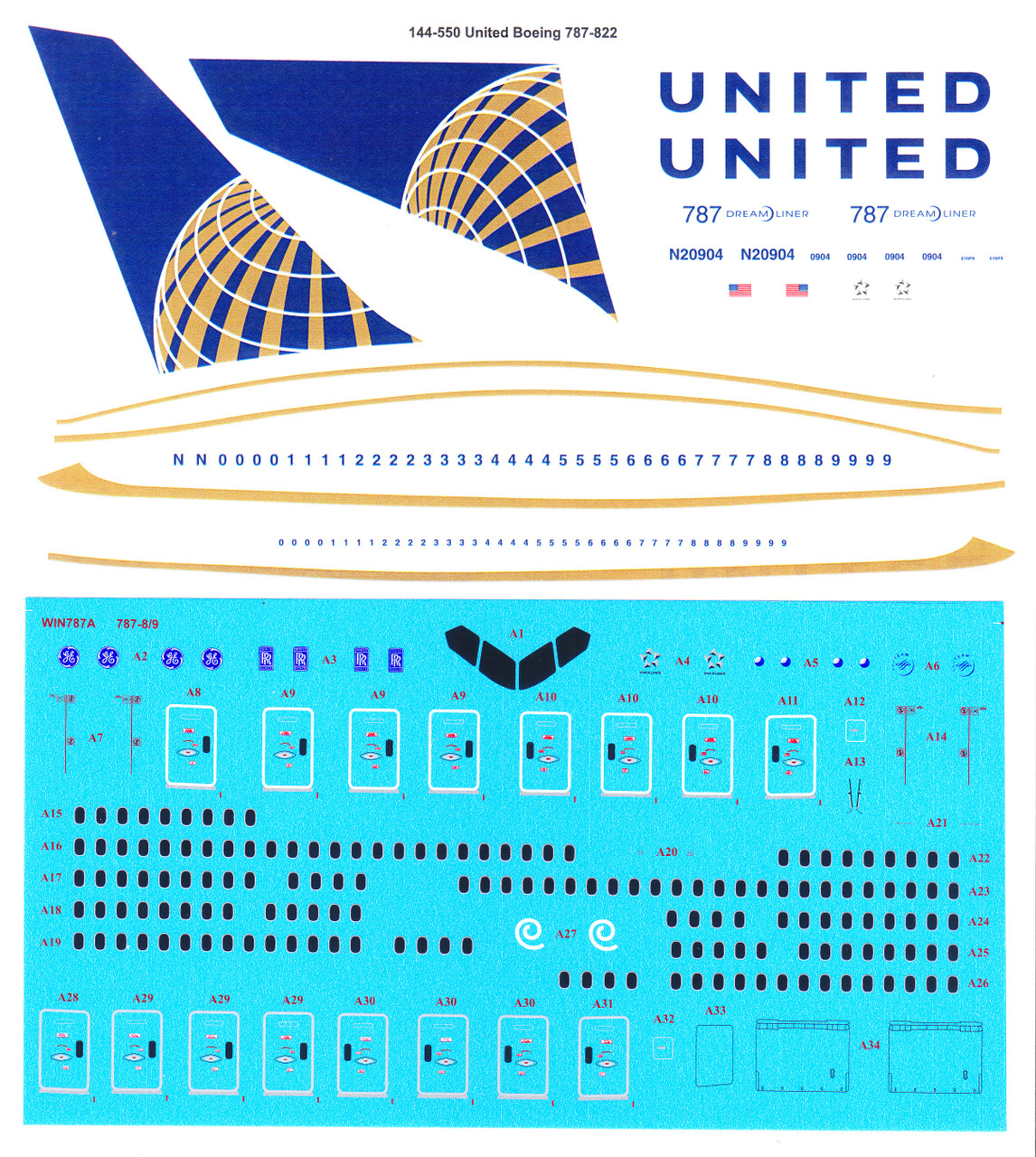 1/144 Scale Decal United Airlines Boeing 787-822