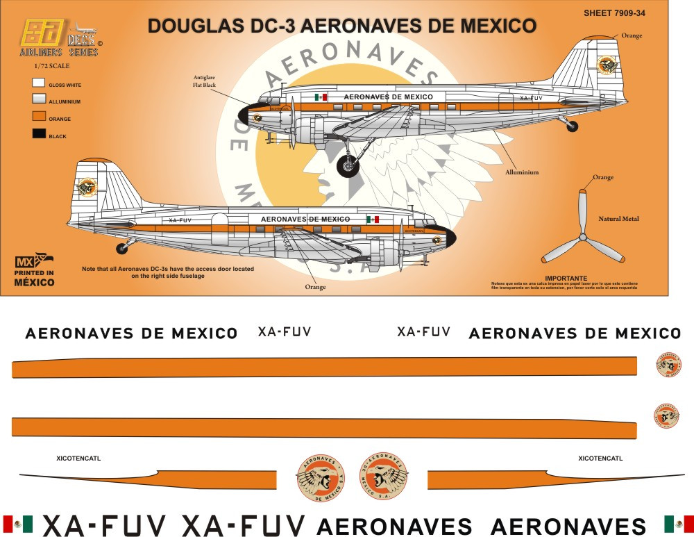 1/144 Scale Decal Aeronaves de Mexico DC-3 60s