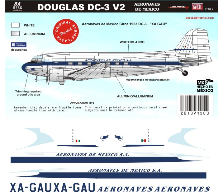 1/144 Scale Decal Aeronaves de Mexico DC-3 50's