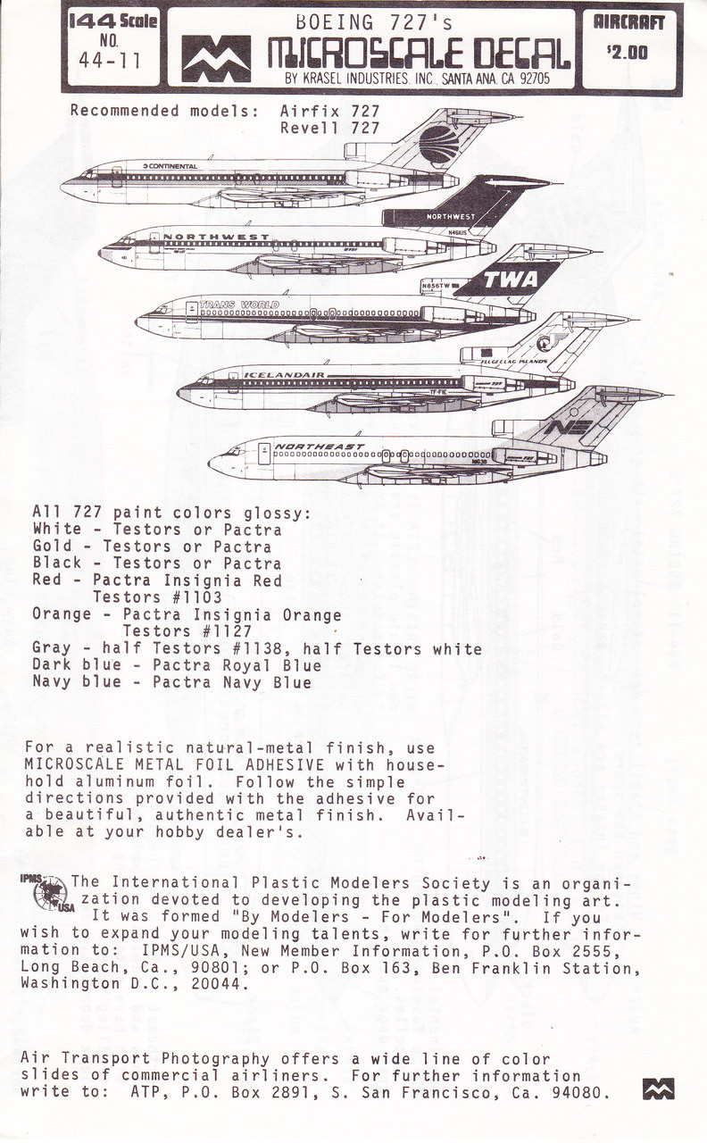 1/144 Scale Decal Continental / Northwest / TWA / Iceandair / Northeast 727