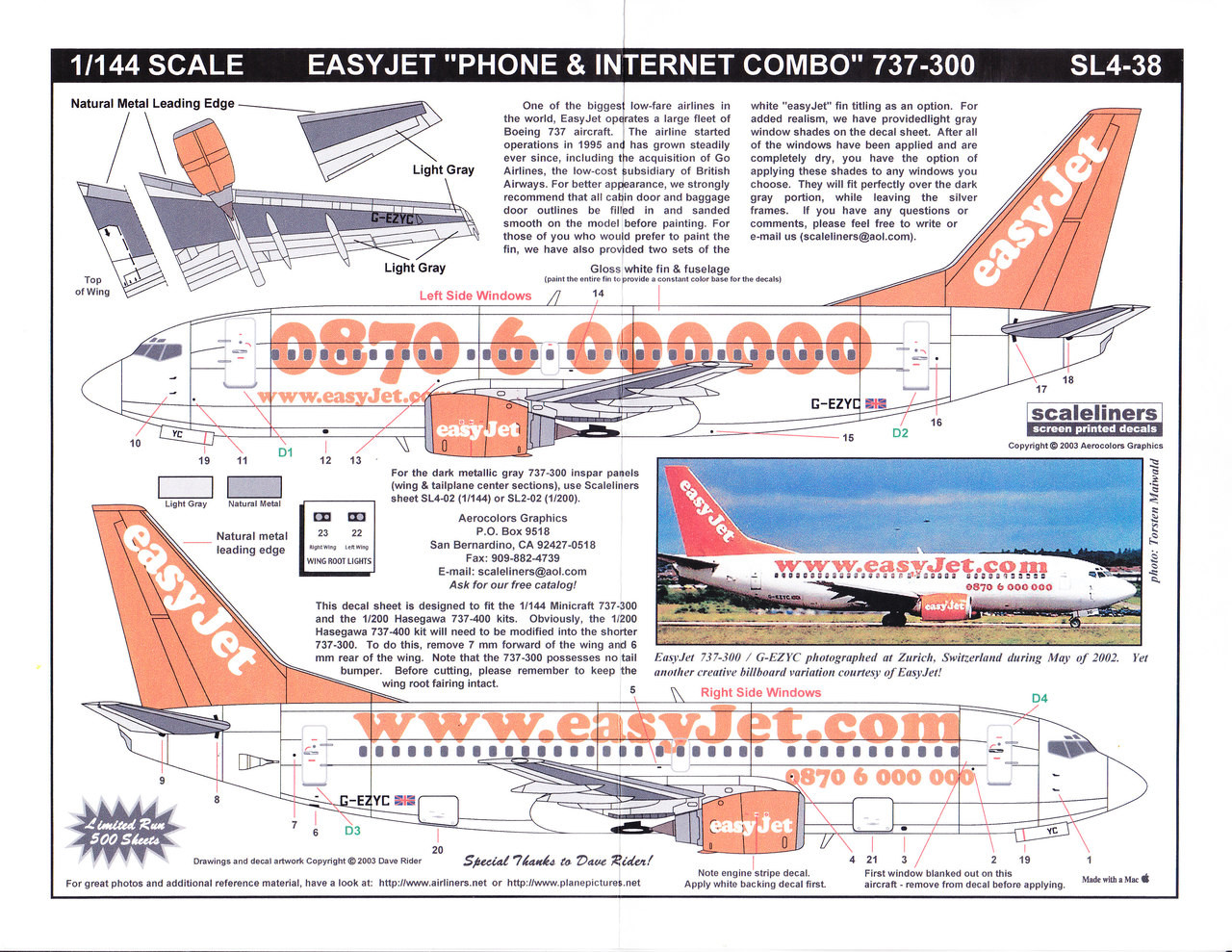 1/144 Scale Decal easyJet.com 737-300 Phone & Internet Combo