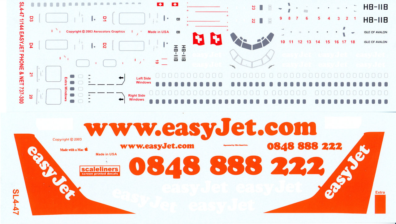 1/144 Scale Decal Swiss easyJet.com 737-300 Phone & Net - JoyDecals.com