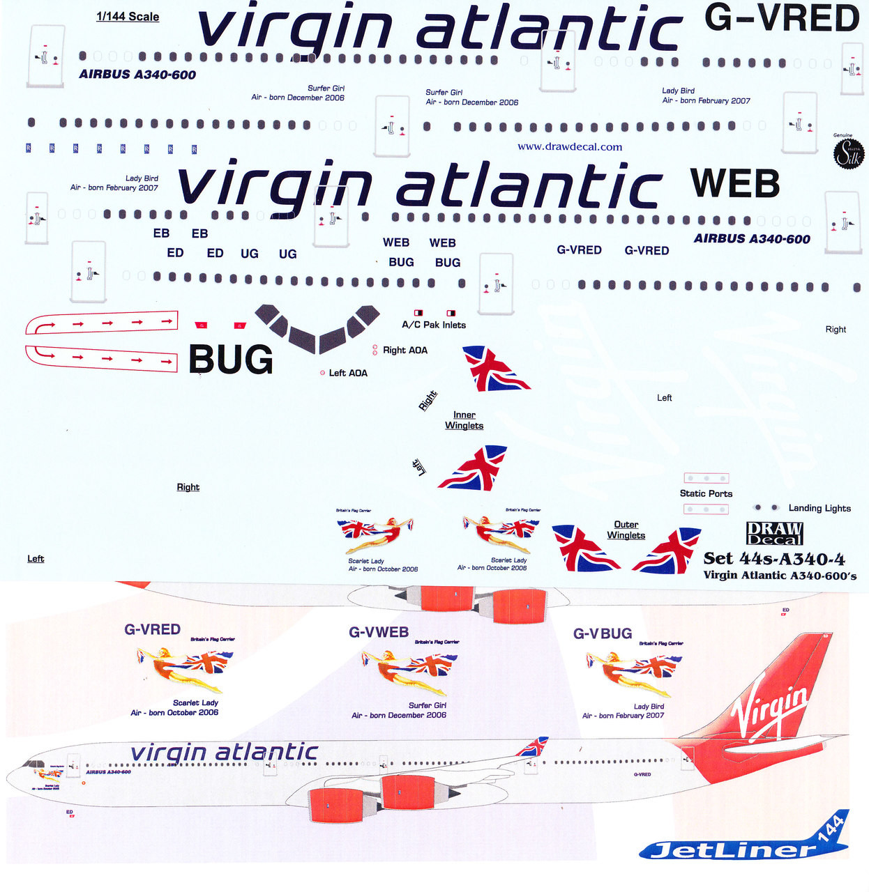 1/144 Scale Decal Virgin Atlantic A340-600 - JoyDecals.com