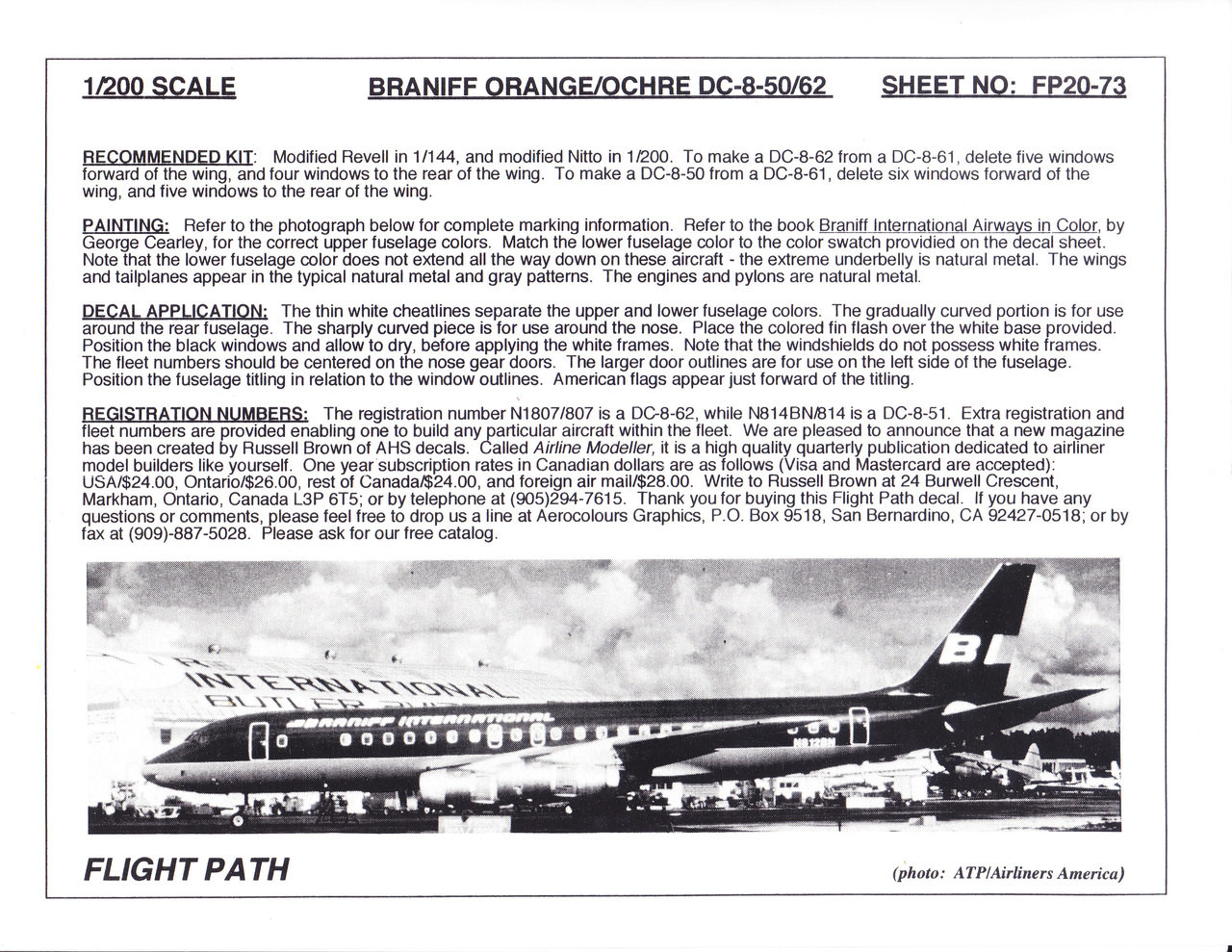 1/200 Scale Decal Braniff International DC8-50 / 62 ORANGE / OCHRE
