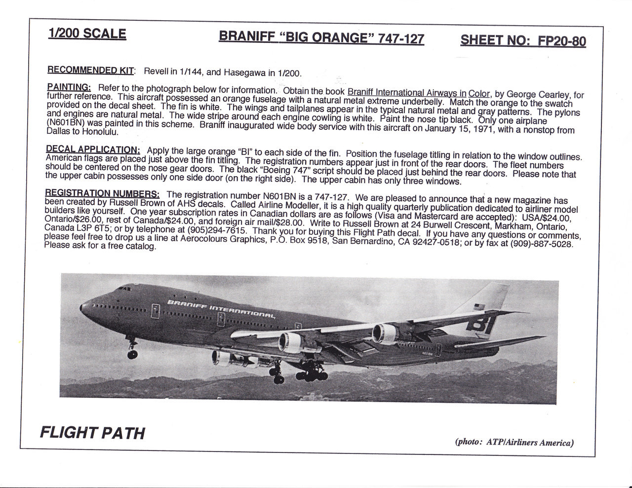 1/200 Scale Decal Braniff International 747-127 BIG ORANGE