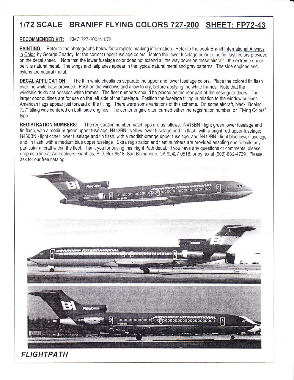 1/72 Scale Decal Braniff 727-200 Flying Colors