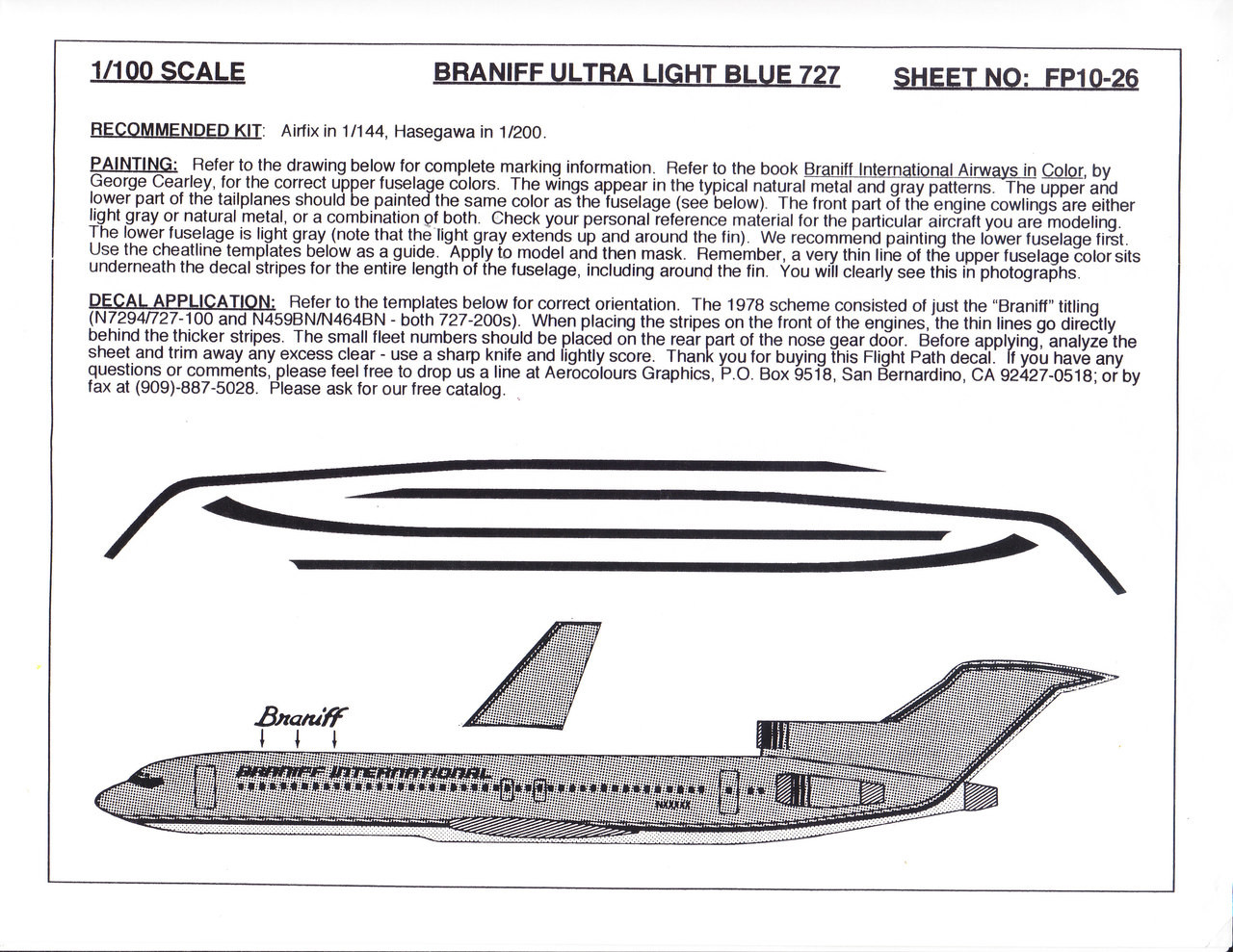 1/100 Scale Decal Braniff 727-100 / 200 ULTRA LIGHT BLUE
