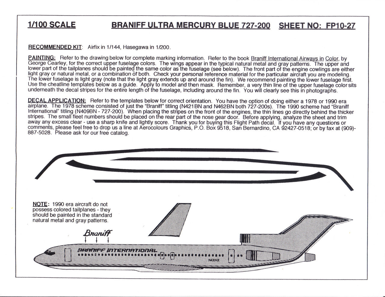 1/100 Scale Decal Braniff International 727-200 ULTRA MERCURY BLUE