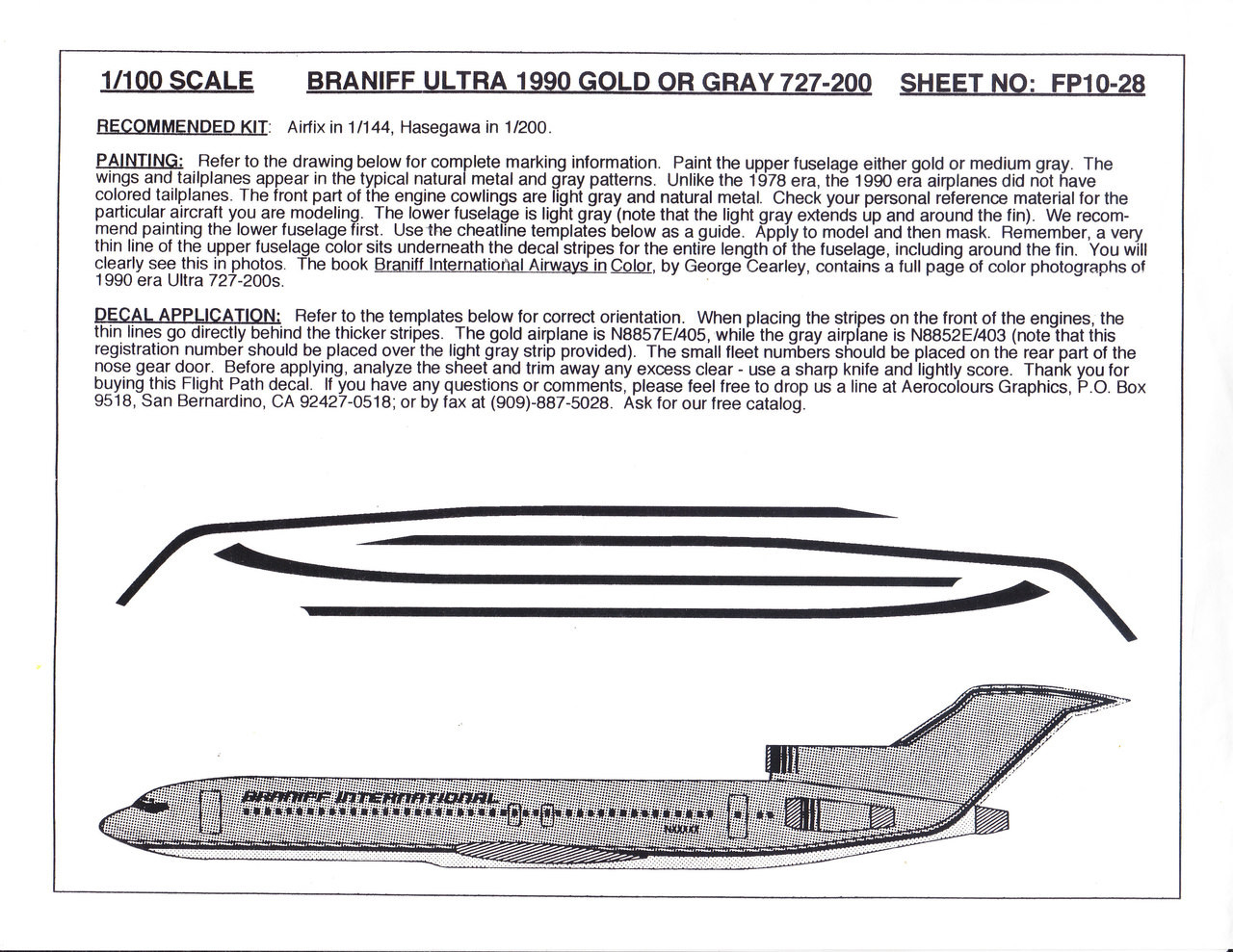 1/100 Scale Decal Braniff International 727-200 ULTRA GOLD OR GREY