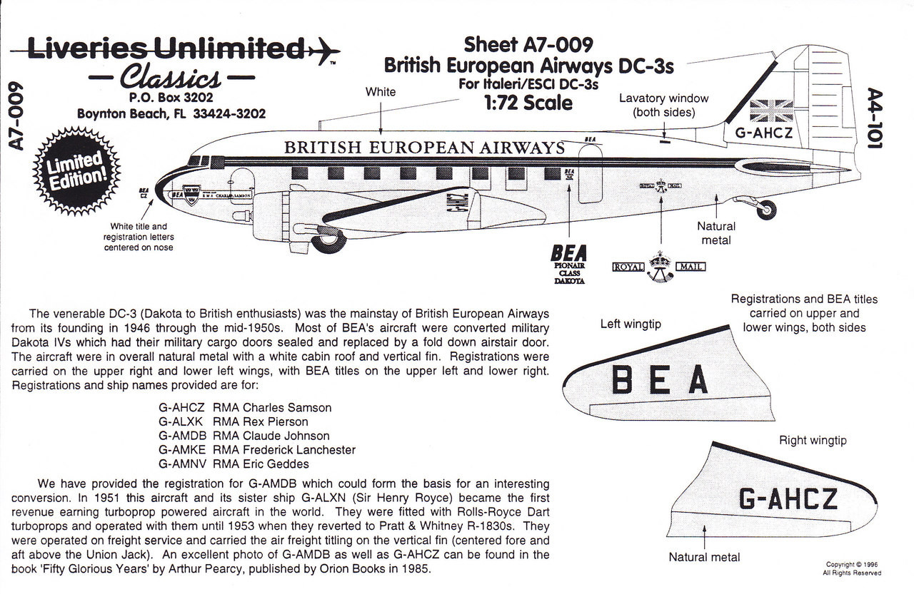 1/72 Scale Decal British European Airways DC-3 - JoyDecals.com