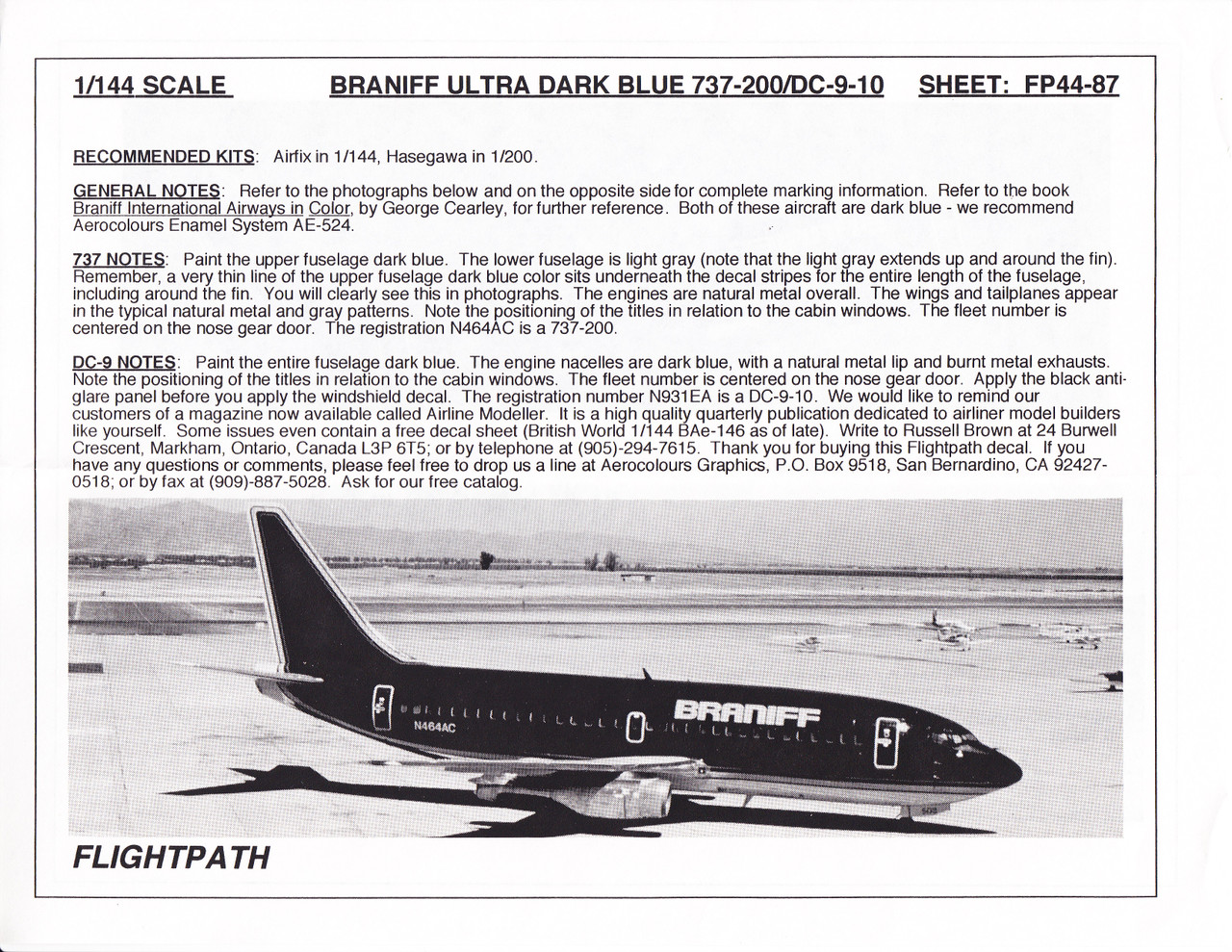 1/144 Scale Decal Braniff 737-200 / DC9-10 ULTRA DARK BLUE