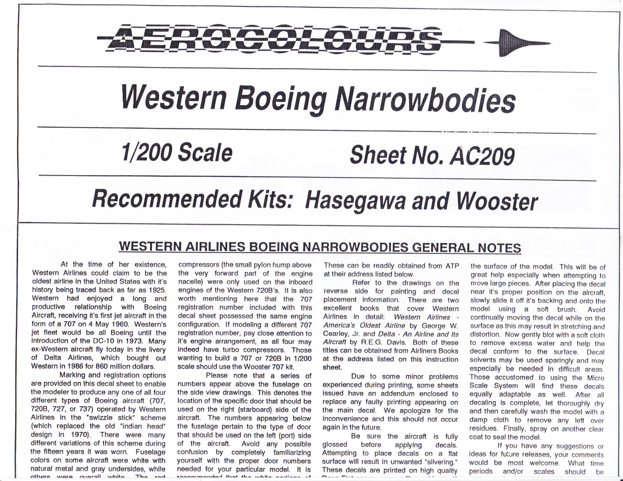 1/200 Scale Decal Western Narrowbodies