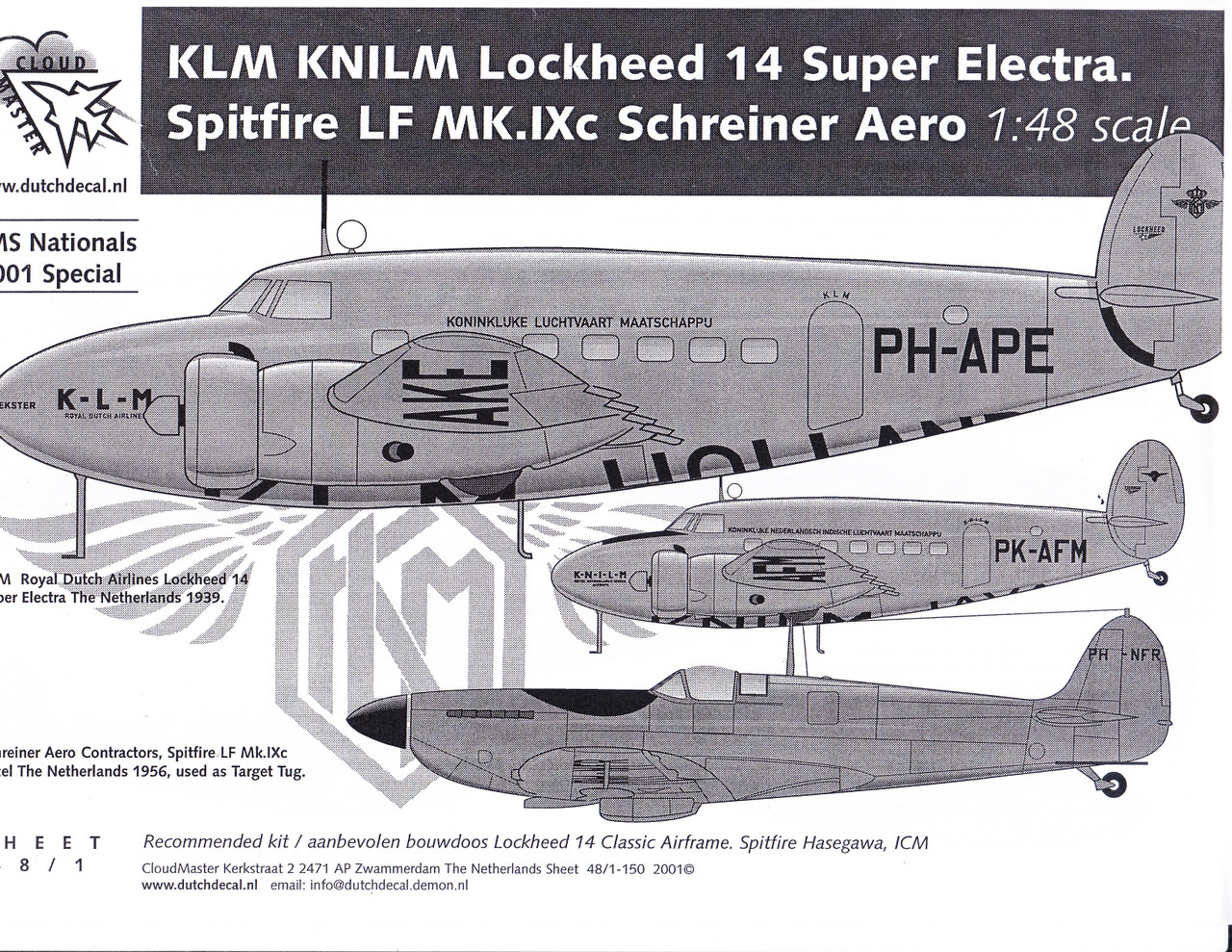 1/48 Scale Decal KLM Lockheed 14 Super Electra / Spitfire