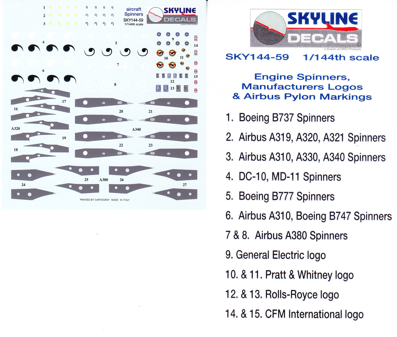 1/144 Scale Decal Spinners & Engine Pylons various aircraft