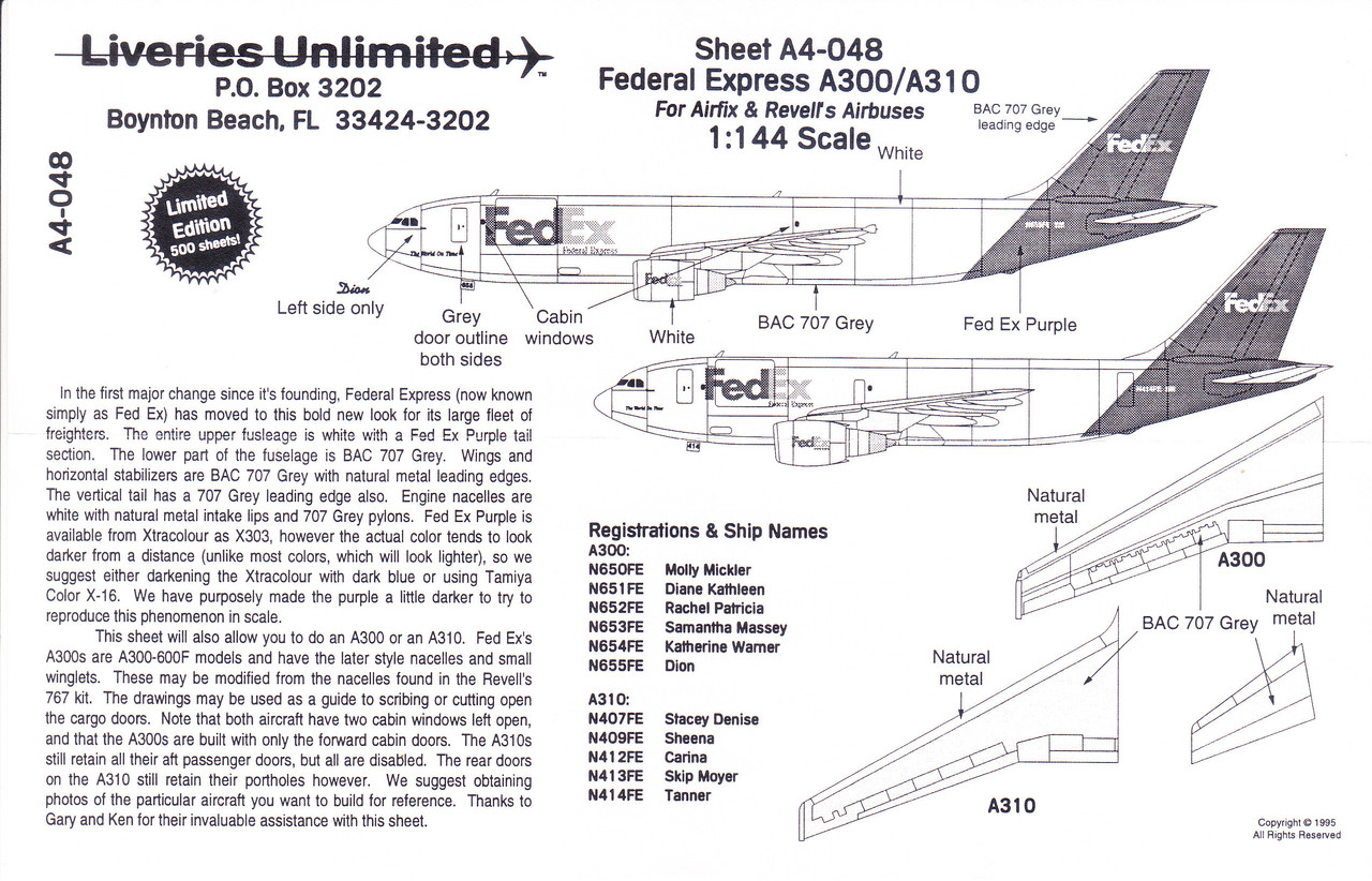 1/144 Scale Decal FedEx A-300 / A-310