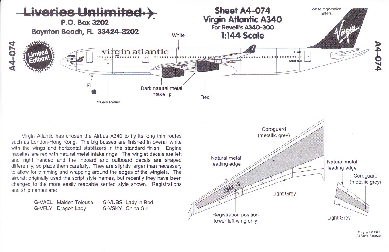1/144 Scale Decal Virgin Atlantic A-340