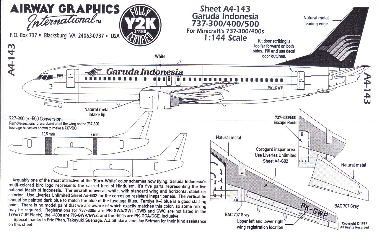 1/144 Scale Decal Garuda Indonesia 737-300 / 400 / 500