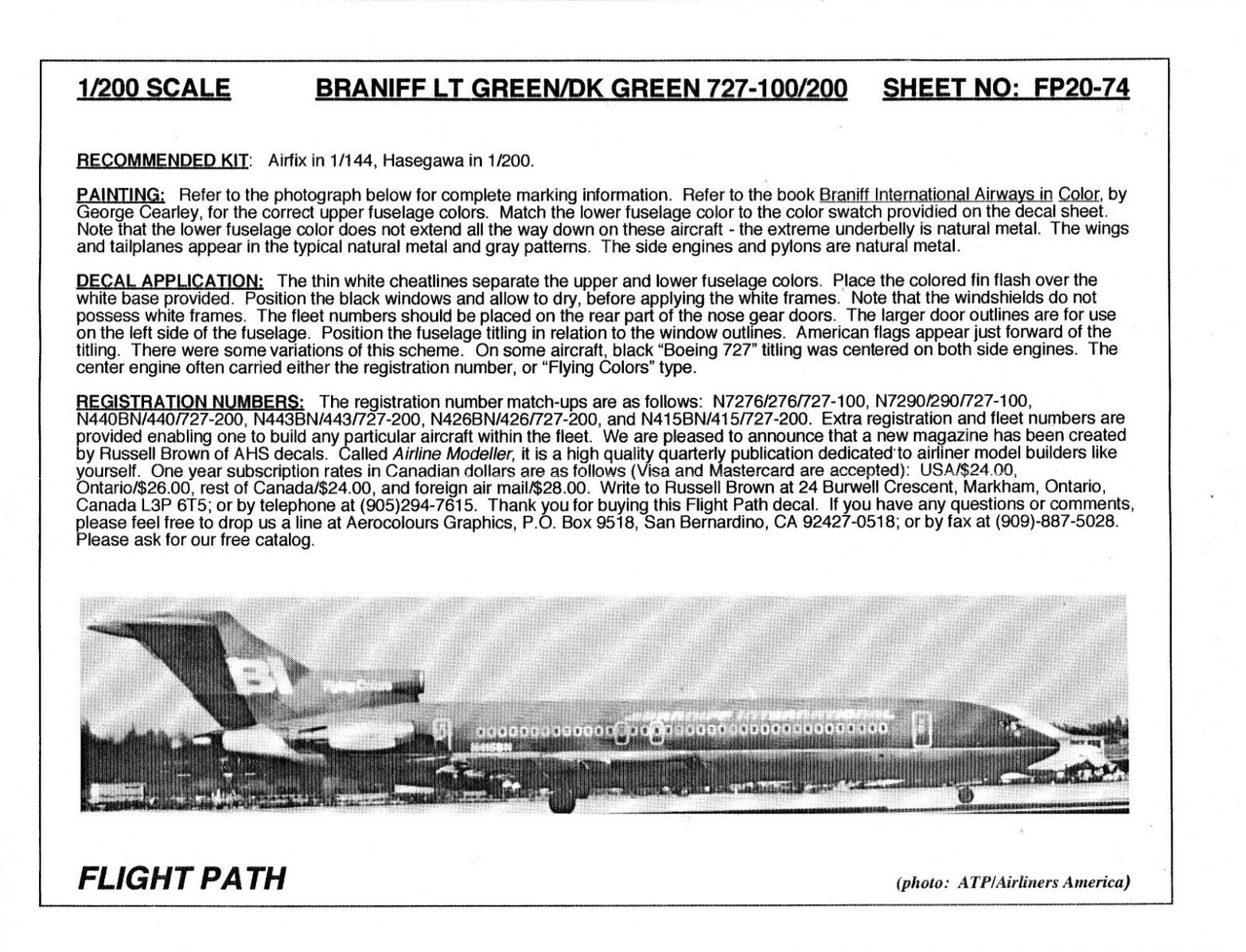 1/200 Scale Decal Braniff International 727-100 / 200 Light Green ...
