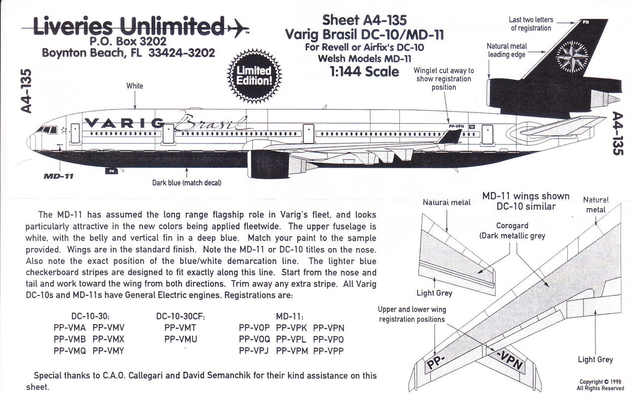 1/144 Scale Decal VARIG Brasil DC-10 / MD-11