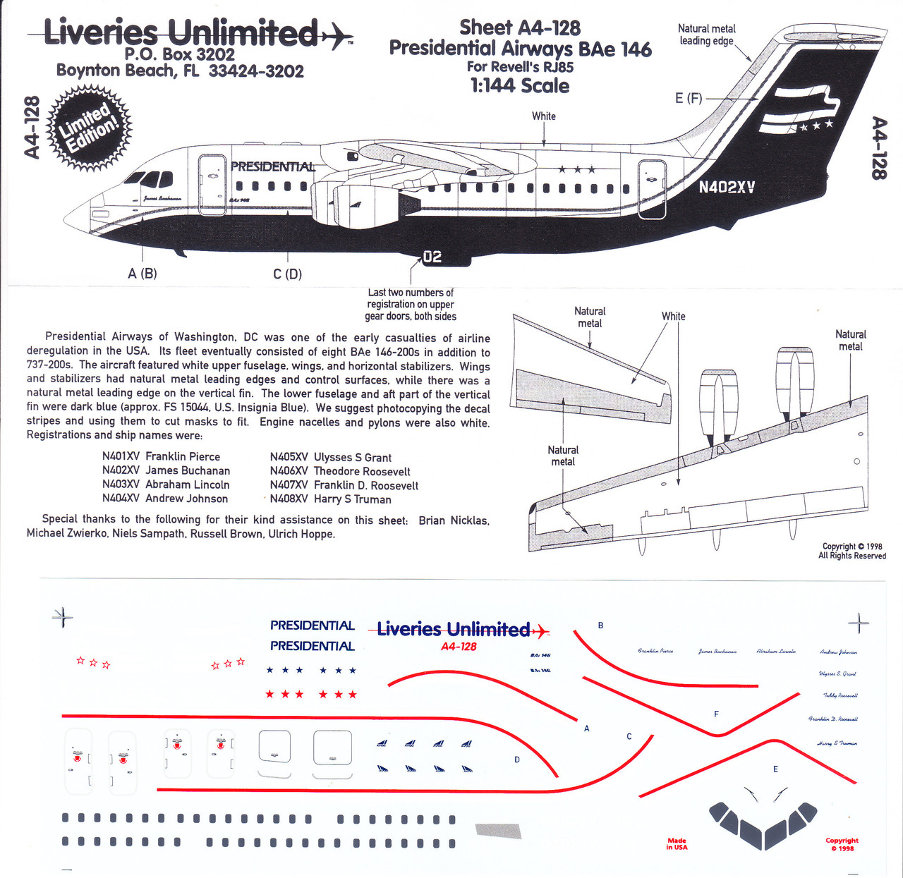 1/144 Scale Decal Presidential Airways BAe-146