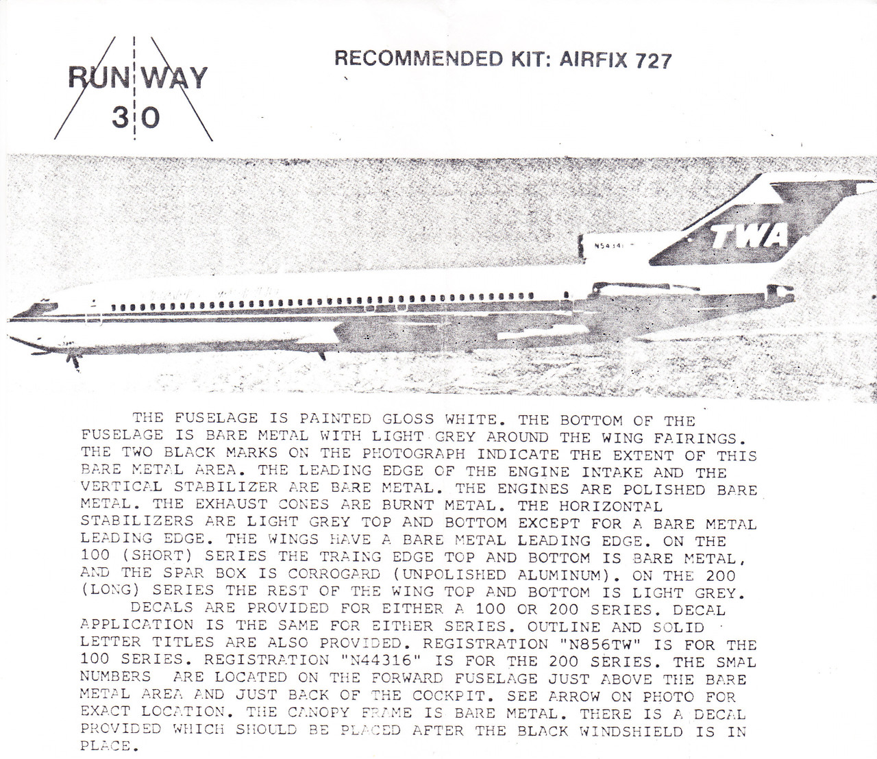 1/144 Scale Decal TWA 727-100 / 200