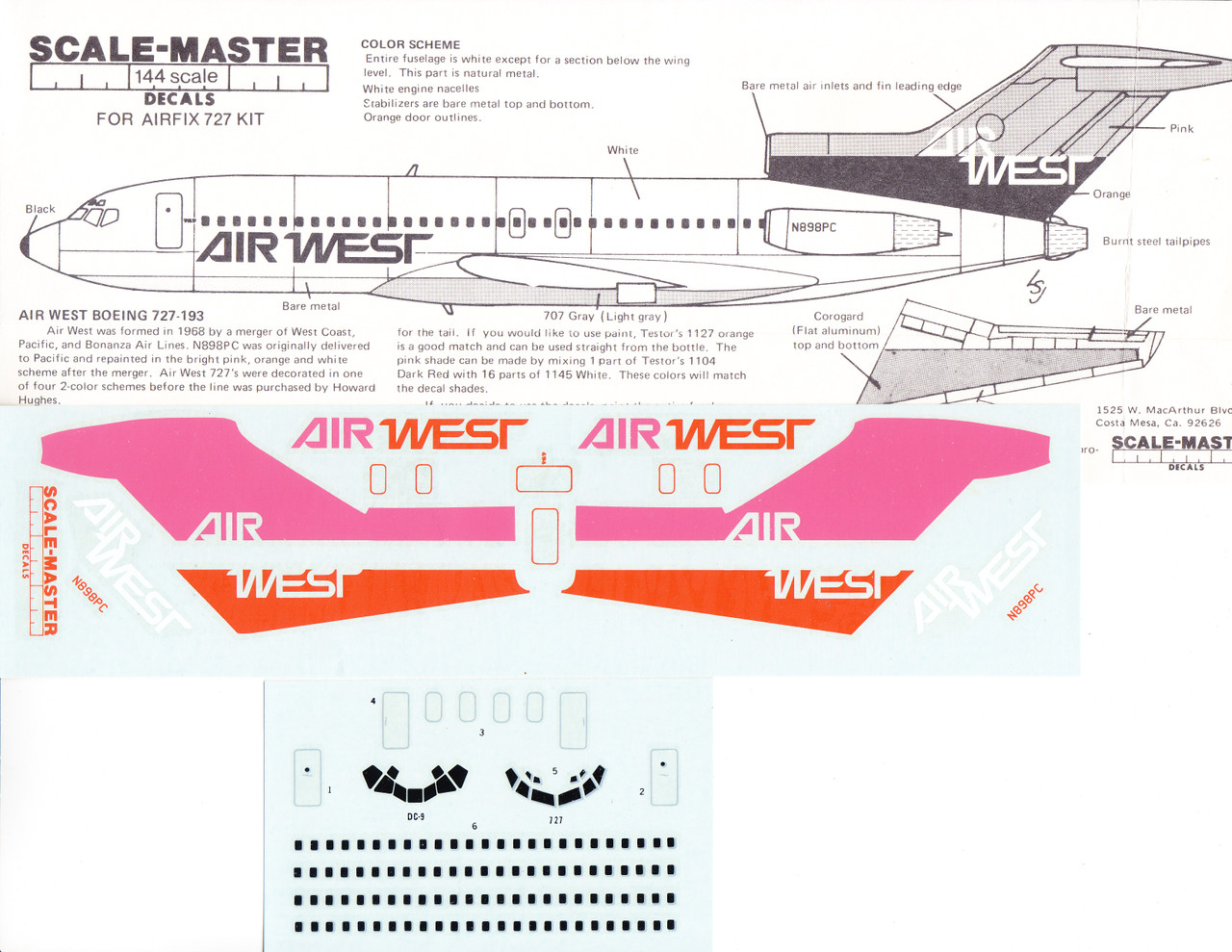 1/144 Scale Decal Air West 727-100 ORANGE / PINK