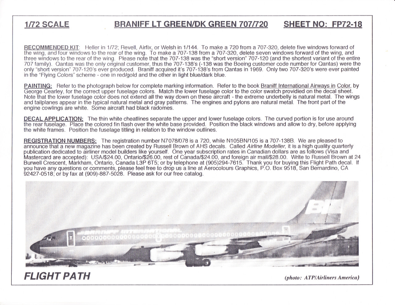 1/72 Scale Decal Braniff International 707 / 720 Light Green / Dark ...