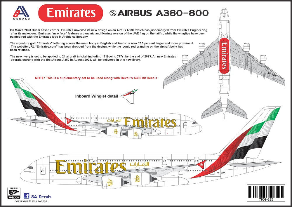 1/144 Scale Decal Emirates A-380 2023 Livery