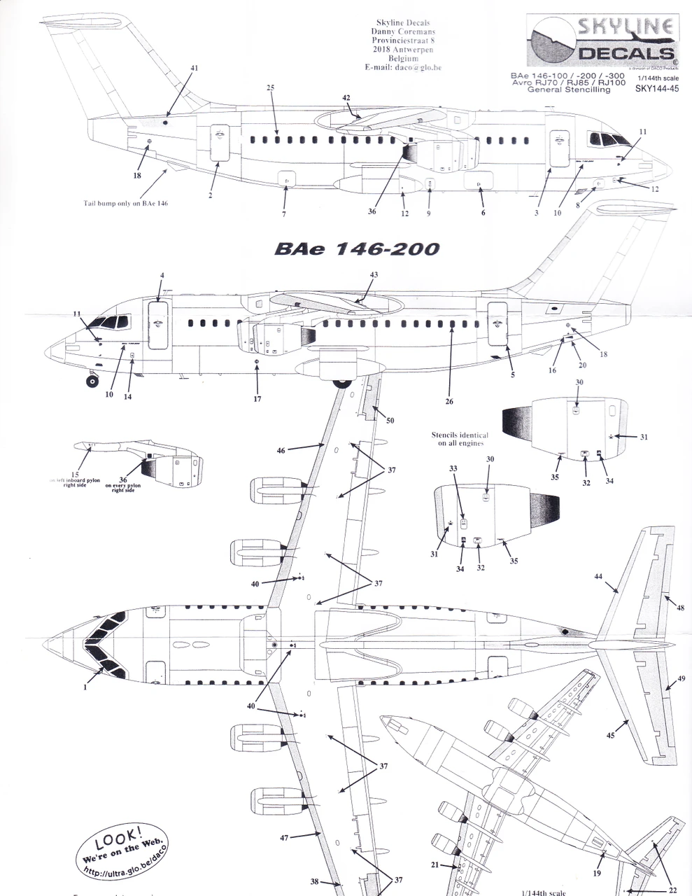 1/144 Scale Decal Detail Sheet BAe146-100 / 200 / 300 RJ70 / RJ85 / RJ100