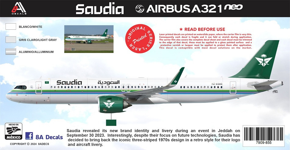 1/144 Scale Decal Saudia A-321 NEO Retro