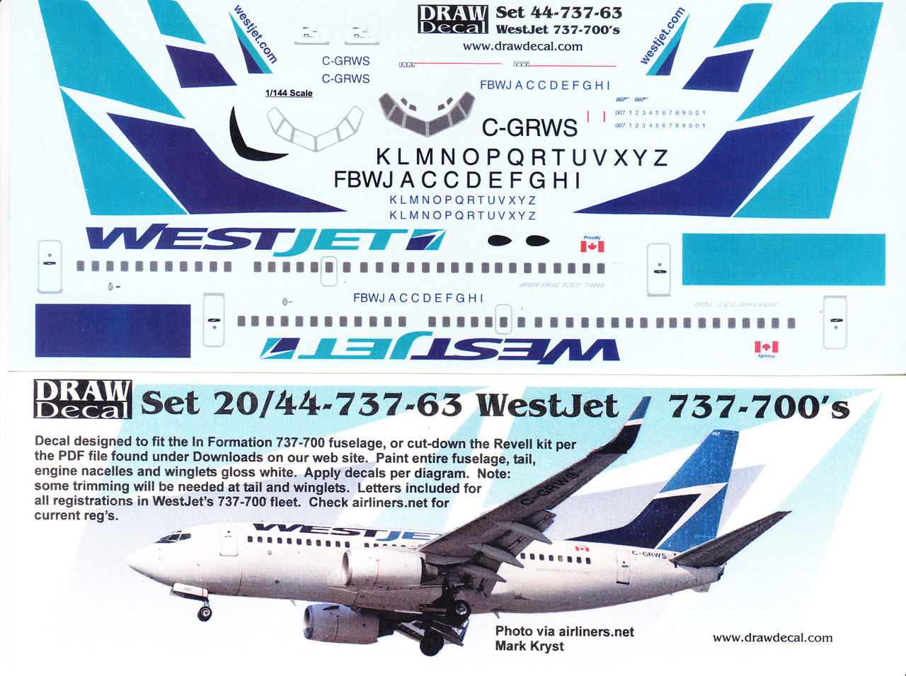 1/144 Scale Decal WestJet 737-700