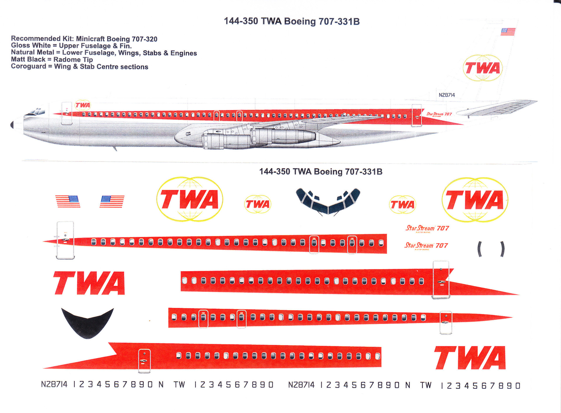 1/144 Scale Decal TWA Trans World Airlines 707-331B