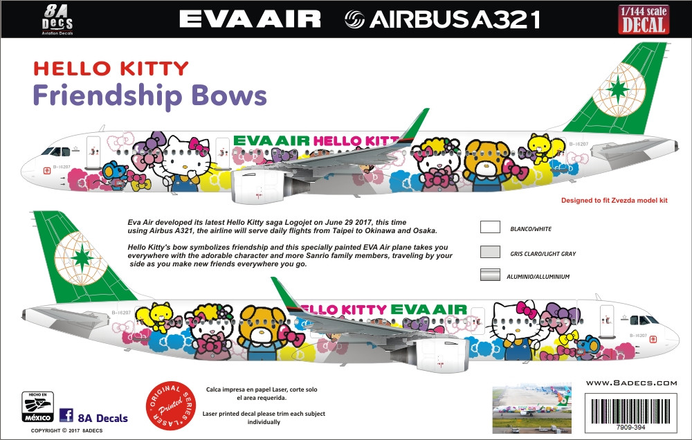 1/144 Scale Decal Eva Air A-321 Hello Kitty Friendship Bows