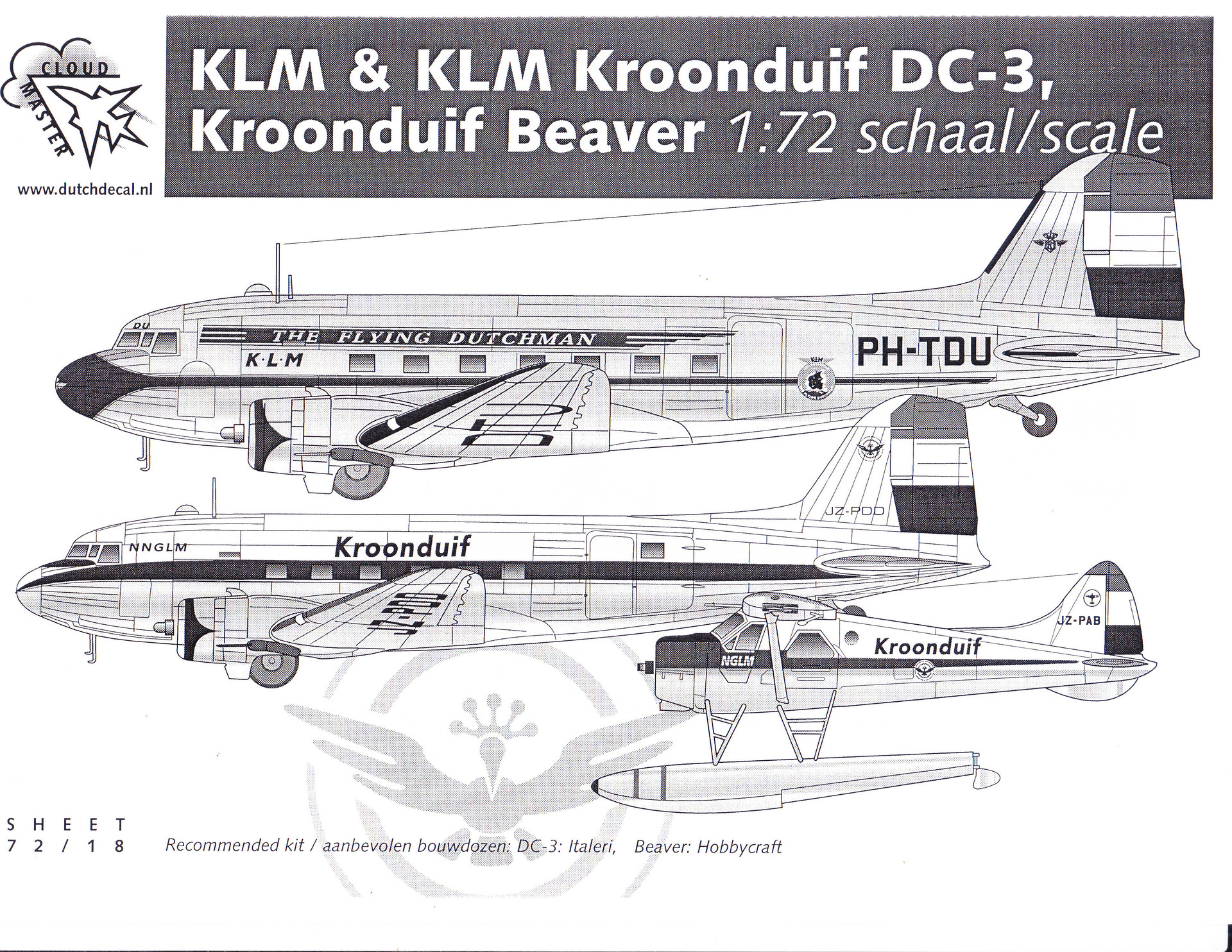 1/72 Scale Decal KLM / KROONDUIF / DC-3 / BEAVER