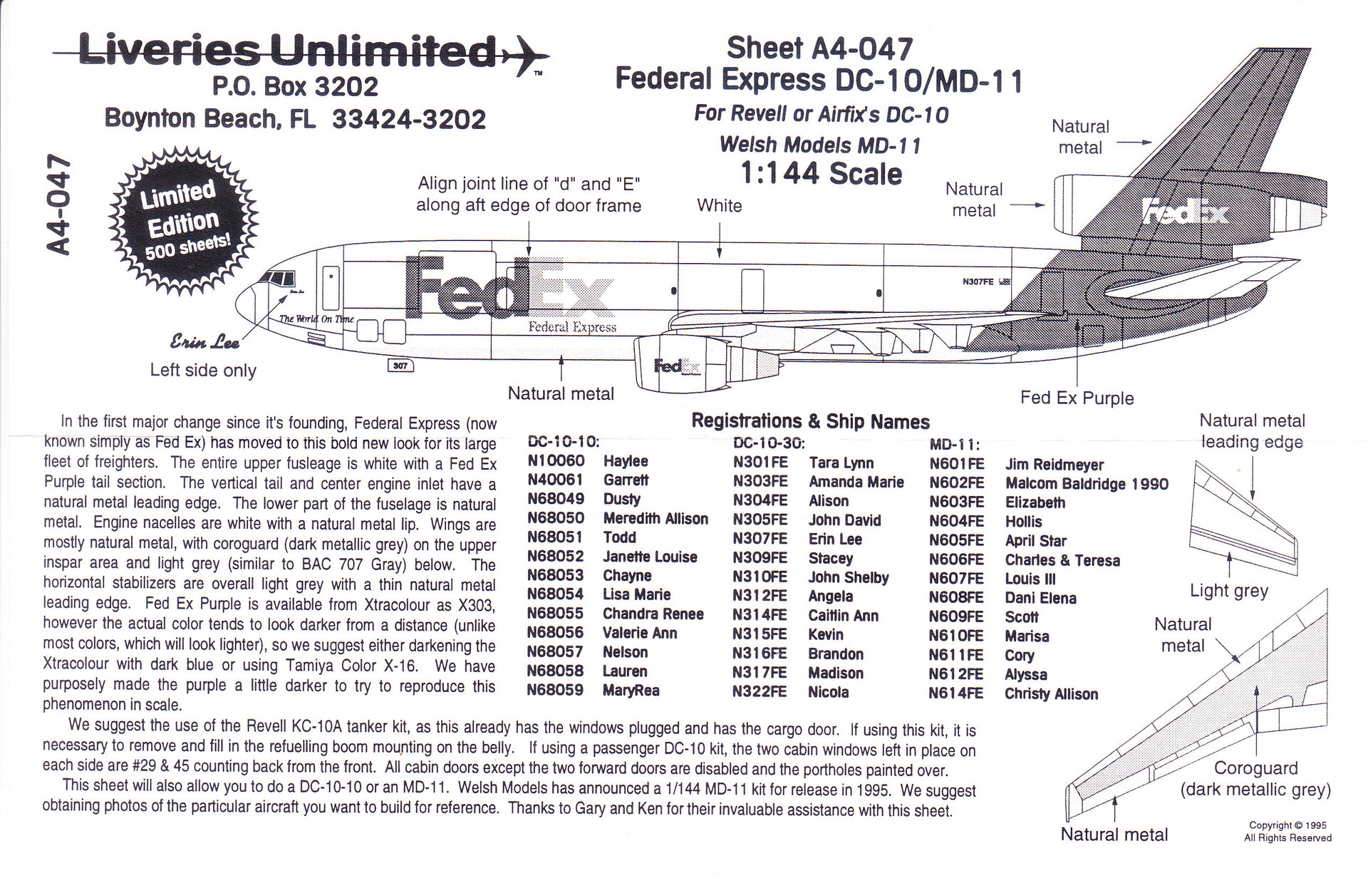 1/144 Scale Decal FedEx DC-10 / MD-11