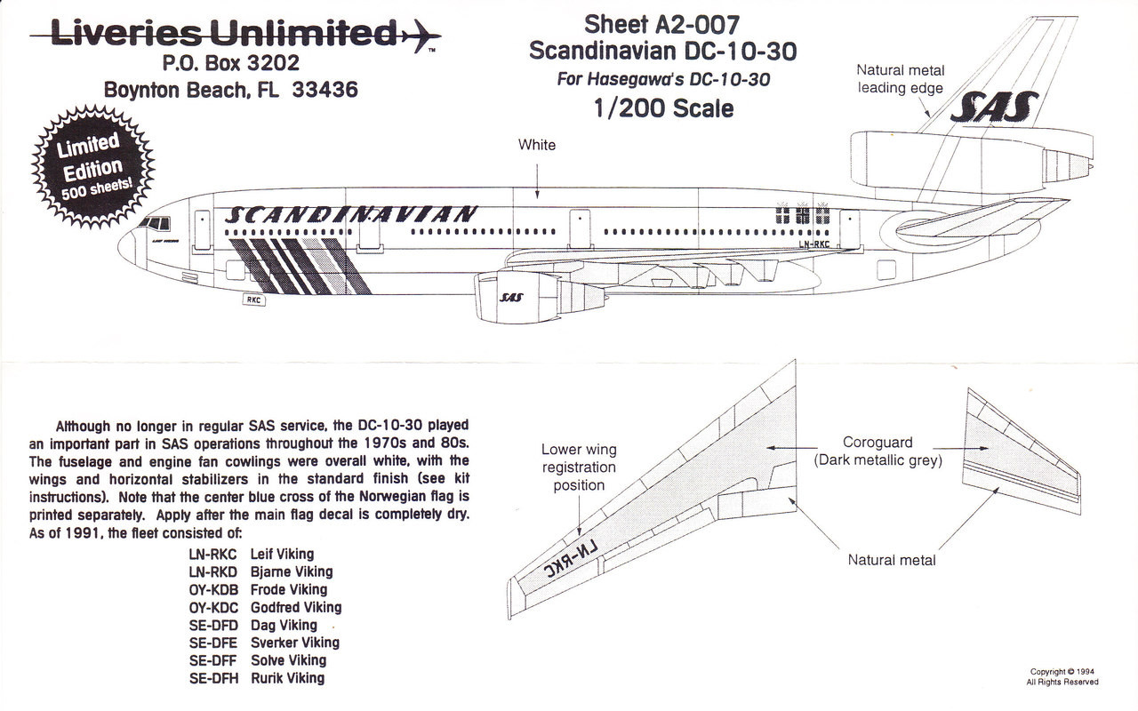 1/200 Scale Decal Scandinavian DC10-30