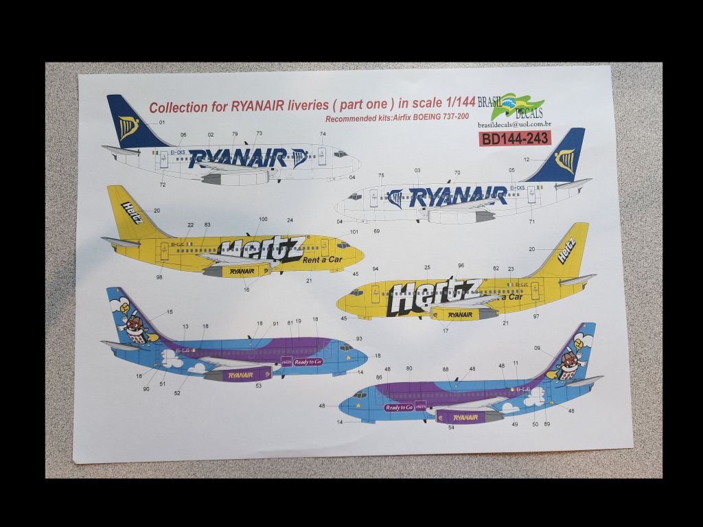 1/144 Scale Decal Ryanair 737-200 5 Liveries