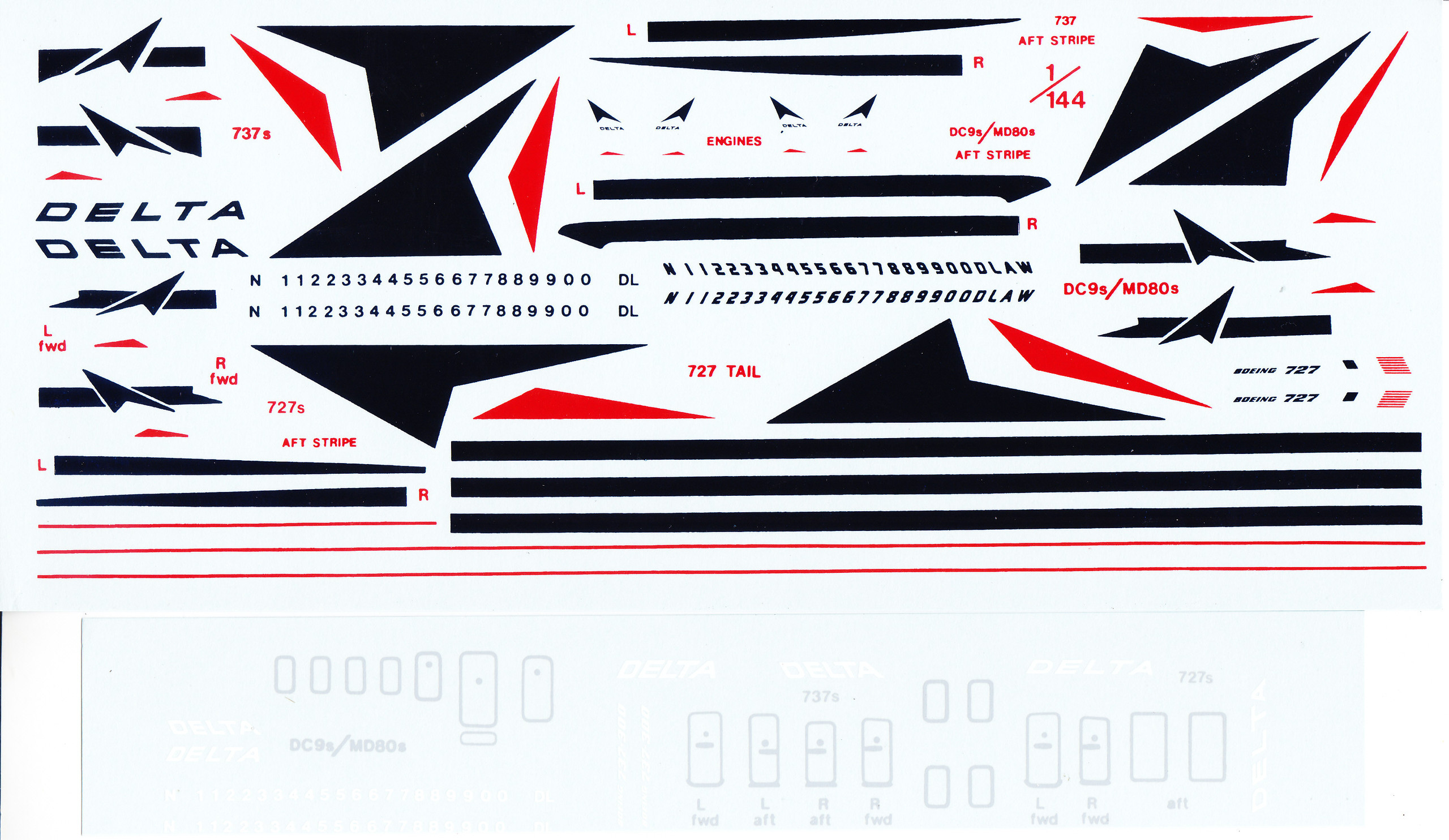 1/144 Scale Decal Delta 727-200 / 737-200 / DC9-30